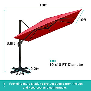 Sunnyglade 10x10Ft Cantilever Patio Umbrella Square Deluxe Offset Umbrella 360°Rotation & Integrated Tilting System Heavy Duty Patio Hanging Umbrella for Market Garden Deck Pool Backyard Patio (Red)