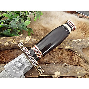 15 Inches long Damascus Steel Hunting Knife, 10" long custom made Hand Forged Damascus steel zig zag blade, Bull horn with engraved brass scale and finger guard, Cow hide Leather Sheath with belt loop