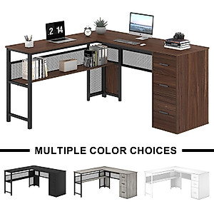 LVB L Shaped Desk with Drawers, Reversible L Shape Computer Desk with Storage Cabinets for Home Office, Large Wood Metal Executive Corner Writing Desk Table for Work Study Gaming, Walnut, 59 Inch