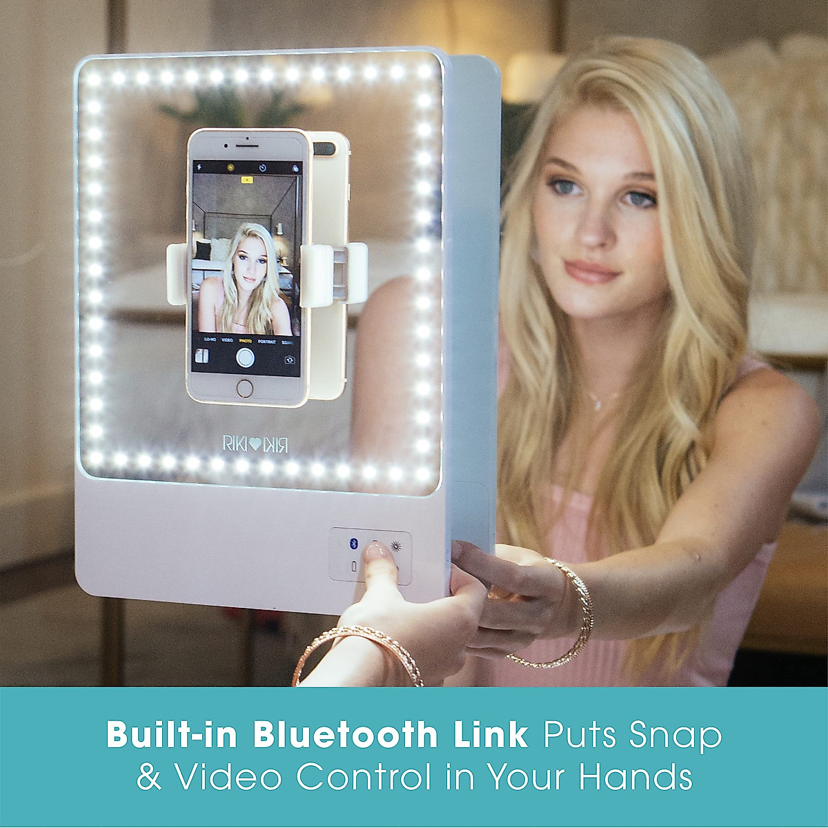 RIKI LOVES RIKI LED Vanity Mirror with Lights & Bluetooth - Portable Lighted Makeup Mirror with Magnification, Adjustable Stand, & Phone Clip | 5 Dimming Stages & HD Daylight Lighting Cosmetic Mirror
