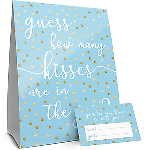 DISTINCTIVS How Many Kisses in the Jar Game - Blue and Gold - Bridal Shower or Wedding (Sign with Cards)