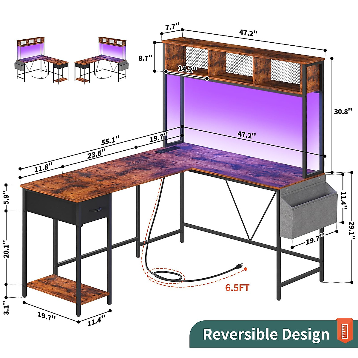 Yoobure L Shaped Desk with LED Strip & Power Outlet, Reversible L-Shaped Computer Desk, Corner Desks Home Office Desk with Drawer, Gaming Desk