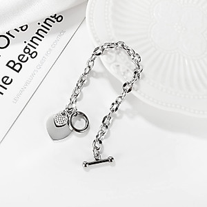 Muyola Women's Stainless Steel Heart Bracelet - Toggle Bracelets For Women - Fashion Zircon Bracelet For Girls - Toggle Clasp - Lover Gift (Silver)