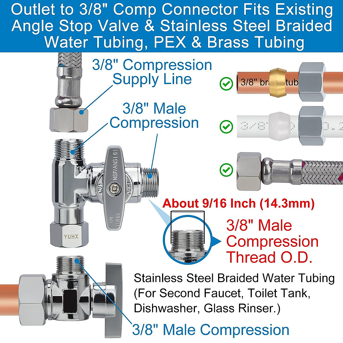 Brass Angle Stop Add-A-Tee Valve,3/8 x 3/8" x 3/8 Compression Water Splitter