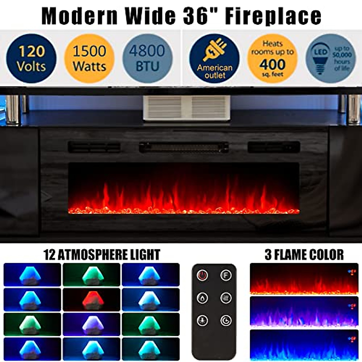 Amerlife Fireplace TV Stand with 36" Fireplace, 70" Modern High Gloss Entertainment Center LED Lights, 2 Tier TV Console Cabinet for TVs Up to 80", Black