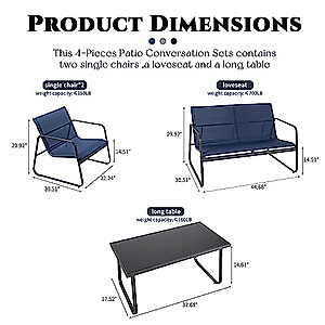 PAIQIAN 4 Pieces Patio Furniture Set Outdoor Patio Conversation Sets Poolside Lawn Chairs with Glass Coffee Table Porch Furniture for Courtyard, Garden and Balcony (Blue)
