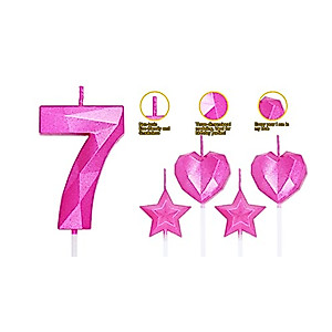 Pink Number 7 Candles and Star Heart Candles 2.76 inch Number Candles for Birthday Cakes 3D Diamond Shaped for Cake Decorations(Pink Candle 7)