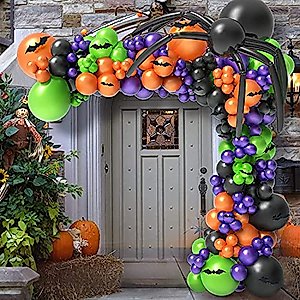Bonropin Halloween Balloon Garland Arch kit with Black Orange Green Purple Balloons Spider Balloons, Long Balloons, 3D Bat Sticker for Halloween Theme Party Background Classroom Decorations