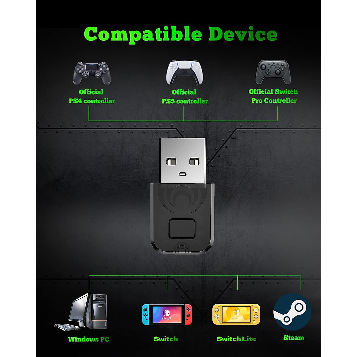 AOJAKI Bluetooth Adapter for PS4 Controller/ PS5 Controller/Switch Pro Controller, Controller Adapter for Switch/Switch Lite/PC/Android TV Box/Tesla/Steam, Compatible with Official PS4 Controller