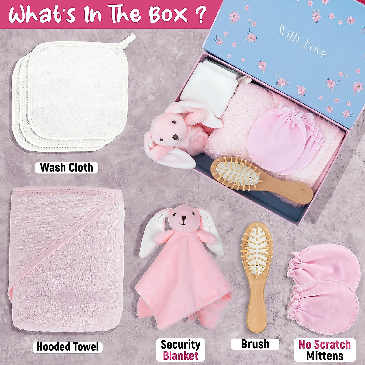 FOREVERPURE Baby Towels with Hood Newborn Gift Set - Gentle & Soft Baby Bath Towels Hooded w/Washcloths, Mittens, Brush, & Ultra Soft Security Blanket, Infant Hooded Towels for Baby Girl & Boy, Pink