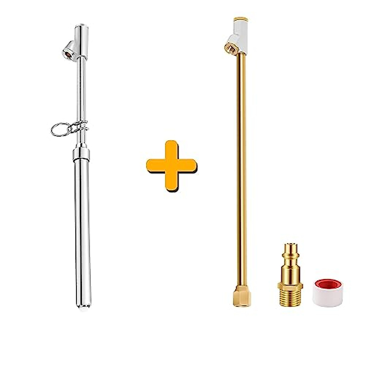 GODESON Dual Head Tire Pressure Gauge,Heavy Duty Pen Tire Gauge Range 10-150PSI and GODESON Air Chuck for Semi Truck, 1/4" FNPT 11.8" Extended Reach Dual Head Brass Air Chuck with Brass Quick Plug, 2-