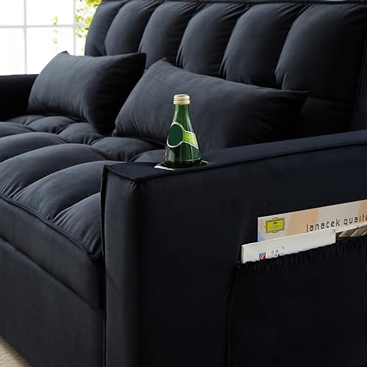 FANYE 3 in 1 Loveseat Pull Out Sleeper Bed, Compact 2 Seater Futon Adjustable Backrest Love Seat Sofa & Couch Convertible Sleep Daybed for Living Room Sofabed, Black Full W/Cupholders and USB Port