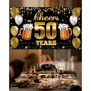 HTDZZI Cheers to 50 Years Backdrop Banner Black Gold, Happy 50th Birthday Decorations for Men Women, Fabric 50 Year Old Birthday Party Yard Sign, 50th Wedding Anniversary