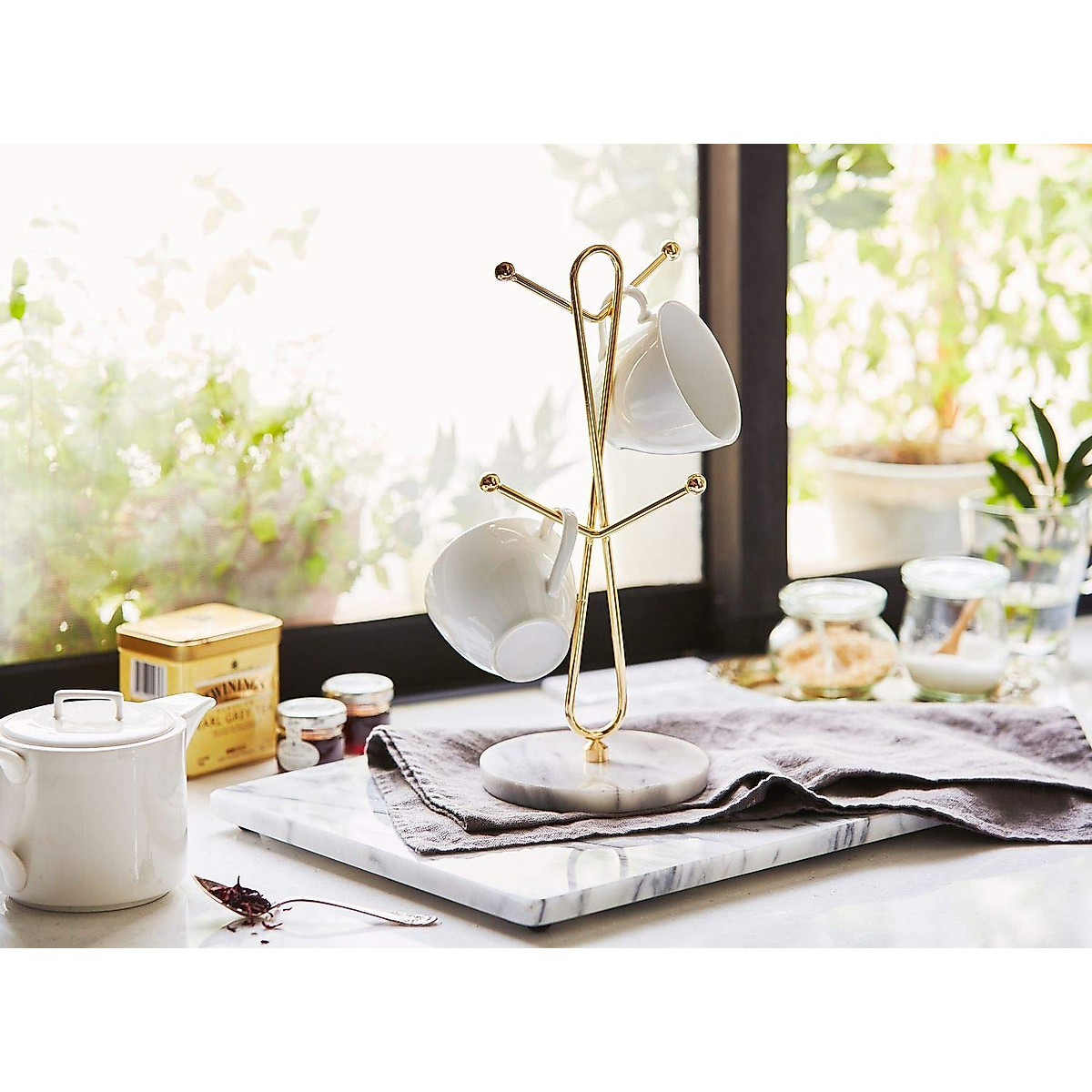 JEmarble Mug Holders with Copper Plated Standing(White) Countertop Mug Tree, Coffee Mugs & Tea Cup Storage Rack, Coffee Counter Bar Accessory & Kitchen Organizer