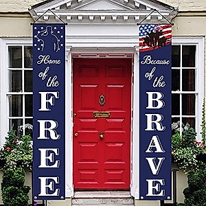 Patriotic Soldier Porch Sign Banners -“HOME of the FREE” and “Because of the BRAVE”- 4th of July Decor - American Flag Hanging Banner for Independence Day/ Memorial Day/ Veterans Day/ Labor Day
