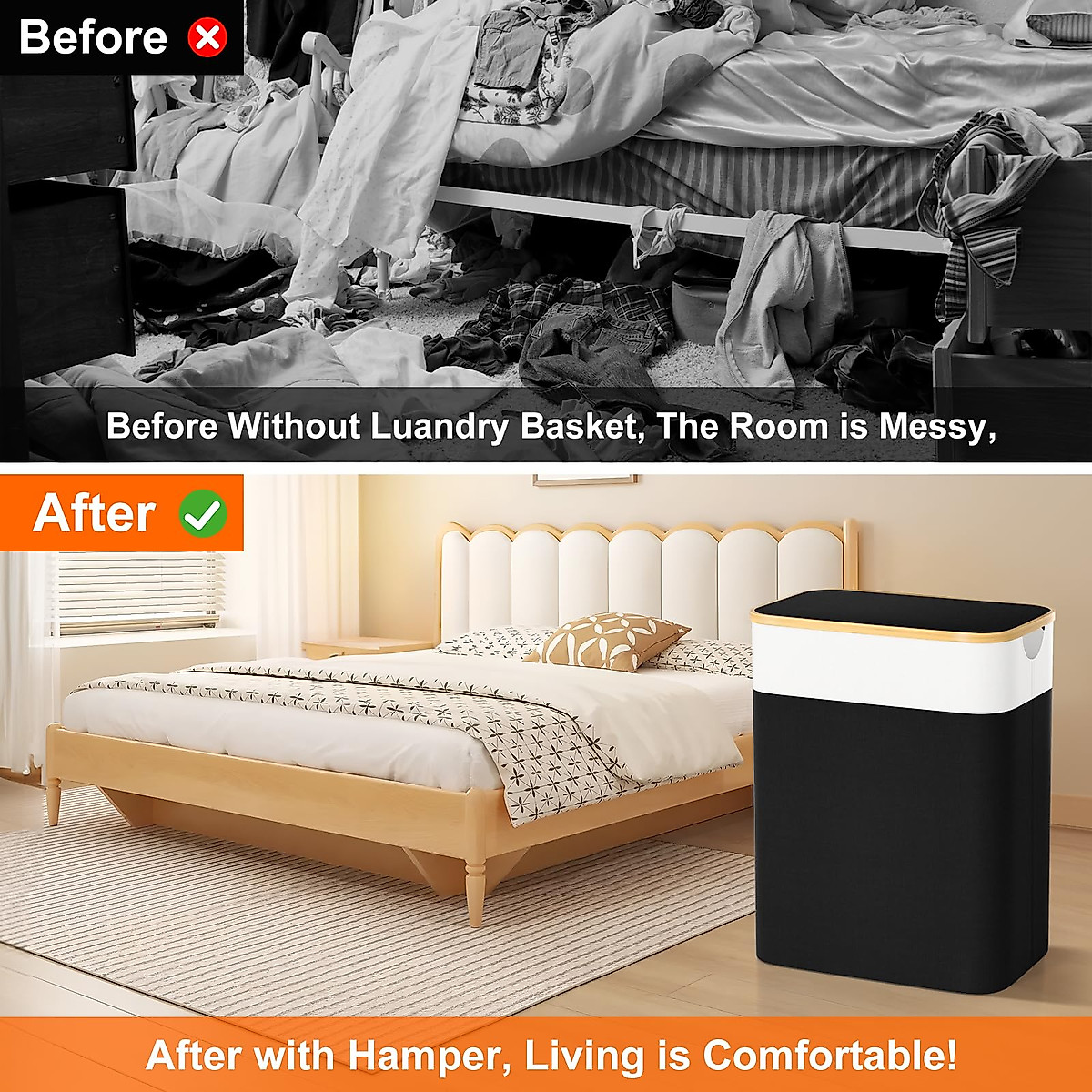 Laundry Hamper with Lid, 150L Large Laundry Basket with Bamboo Handles and Removable Bags, Collapsible Dirty Clothes Hamper, 2 Section Laundry Bin Organizer for Bedroom,Bathroom,Laundry Room, Black