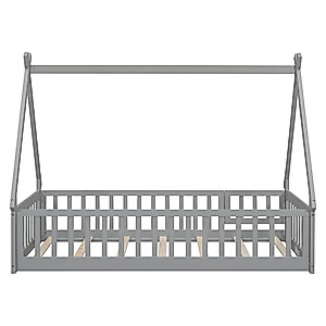 TURRIDU Twin Tent-Shaped Solid Wood Bed with Door & Guardrails,Montessori Floor Bed Frame with Wood Slat Support, Grey Teepee Bed for Toddlers Boys Girls, No Box Spring Needed