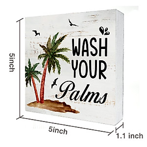 Wash Your Palms Wood Box Sign Home Decor Rustic Bathroom Quote Wooden Box Sign Block Plaque for Wall Tabletop Desk Home Bathroom Decoration 5" x 5"