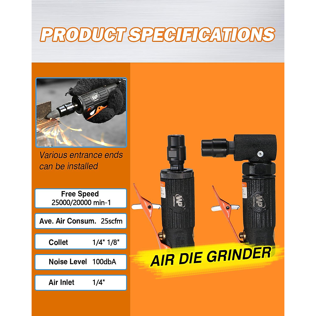 WORKPAD 12PCS Air Die Grinder Set, Straight/Angled Air Die Grinder Kit with 1/4 and 1/8 inch Collets, 10-Pieces Air Die Grinder Stone Set, Pneumatic Tools