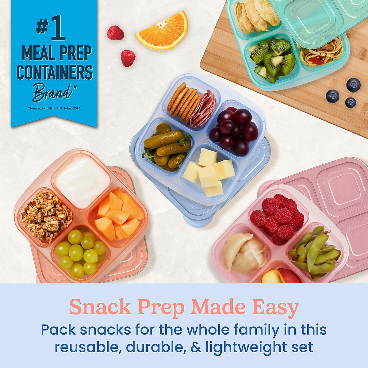 Bentgo Easyboxes 4-Compartment Snack Containers - 8-Piece Set with 4 Trays & 4 Custom-Fit Lids to Seal in Freshness - Reusable Food Storage & Meal Prep Bento BPA-Free Containers (Pastels)