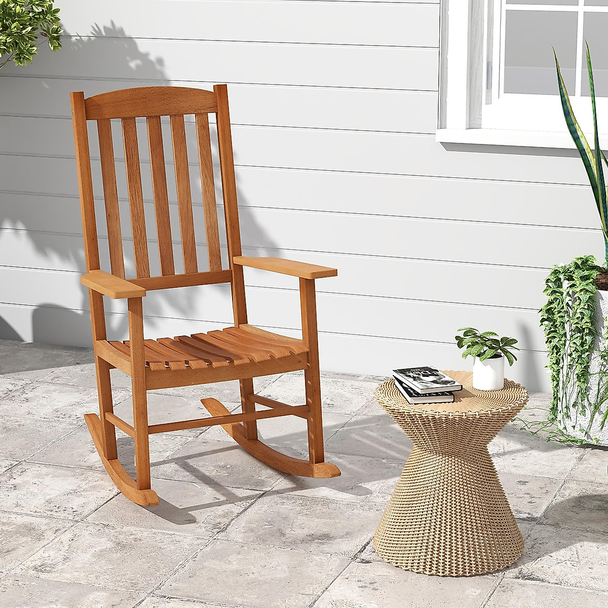 Tangkula Patio Rocking Chair with 400 lbs Weight Capacity, Eucalyptus Wood Porch Rocker with High Back, Patio Rocker Chair for Indoor and Outdoor Use (1)