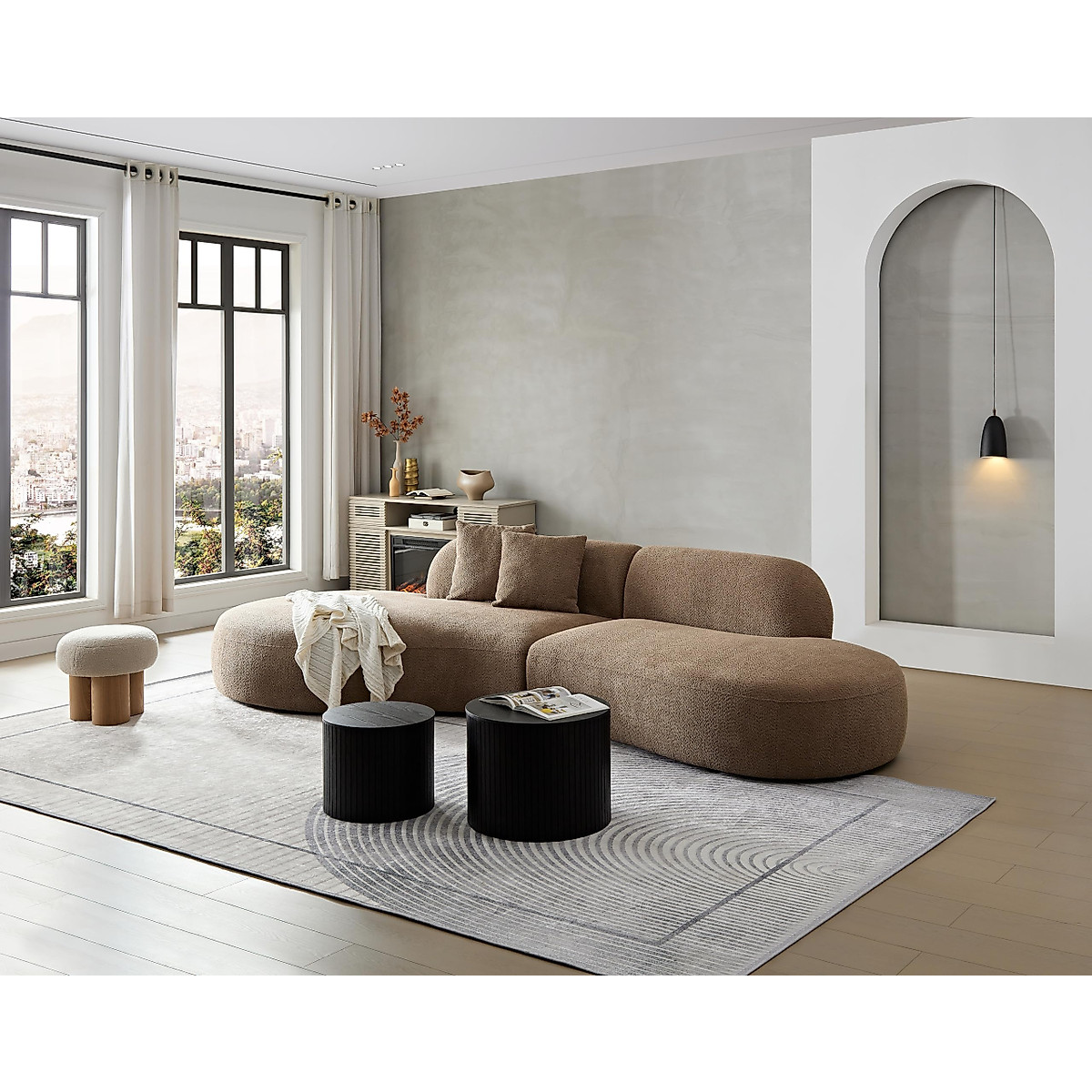 HAMORESPACE 135‘’Curved Sectional Sofa, Multiple Seating Positions, Fabric Upholstery Couch for with Pillows for Living Room Office,Apartment (Camel,Left-Facing)