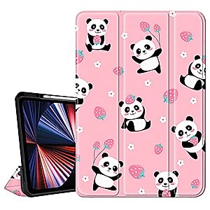Hepix iPad Pro 12.9 Case 6th Generation 2022 Panda 2021 2020 2018 5th 4th 3rd Gen Cace with Pencil Holder for Kids Cute Strawberry Pink Protective Case Cover Auto Sleep Wake for A2764 A2437 A2766