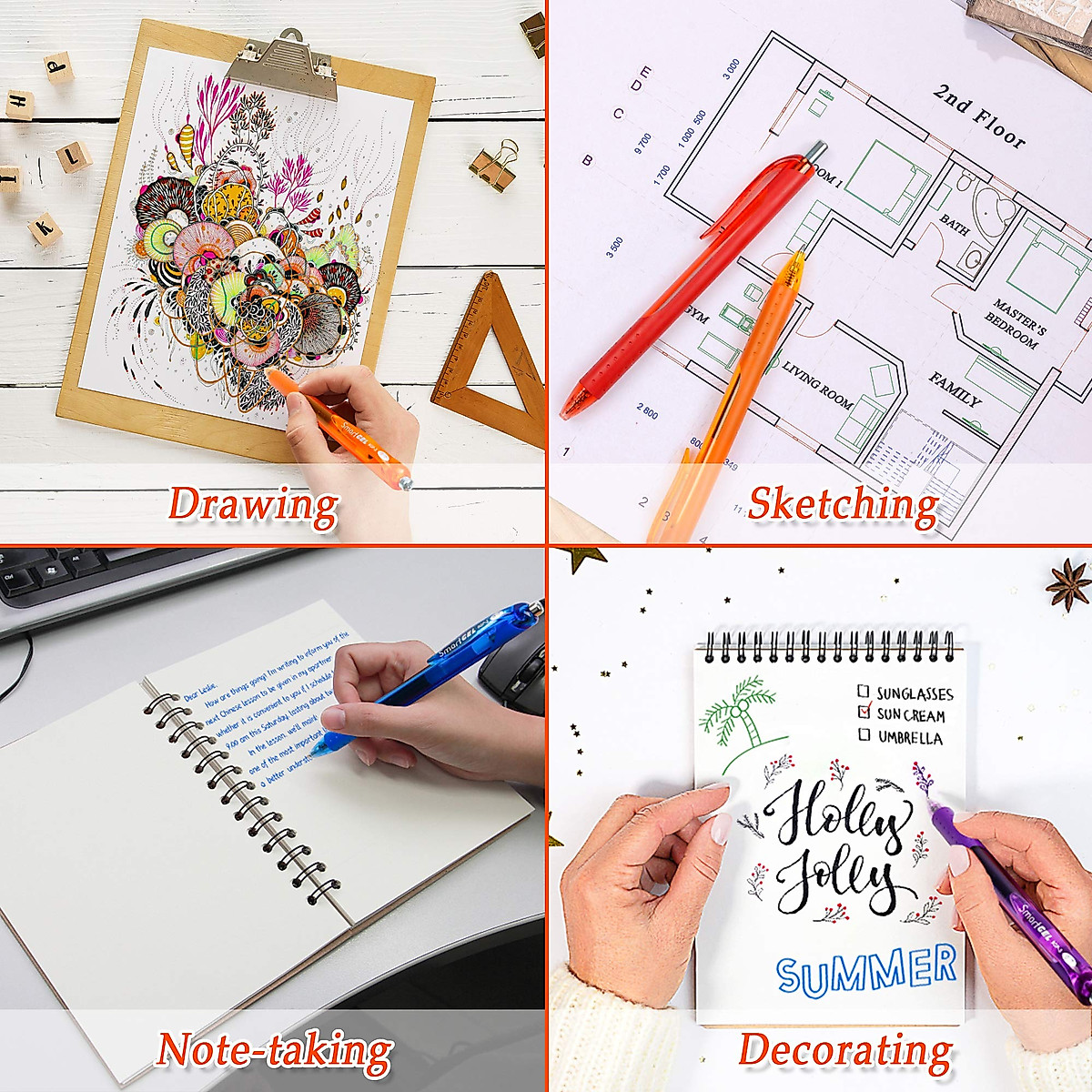 Gel Pens Set, 16 Colored Retractable Gel Ink Medium Point Colorful Pens with Comfort Grip, Smooth Writing for Journal Notebook Planner in School Office Home by Smart Color Art