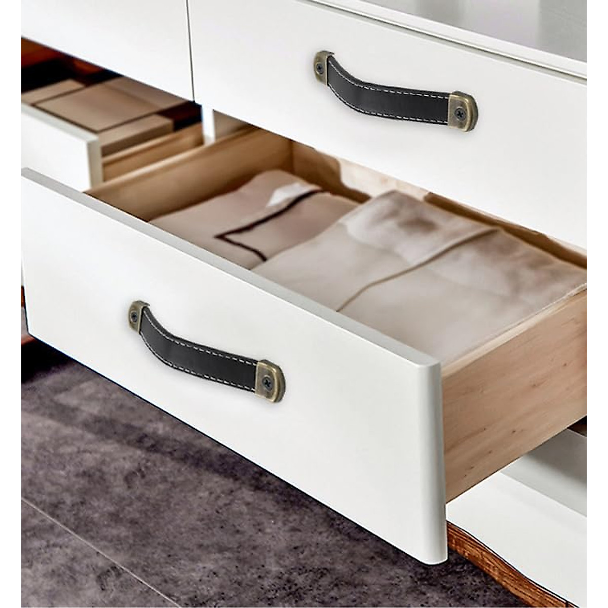 HUHUIAOH Leather Handle Brass Handle Wine Box Wardrobe Luggage, Shoe Cabinet Furniture Handle Hardware Accessories - 2 Pack (Black, 160mm(6-1/4in))