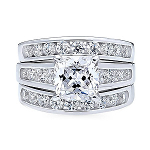 BERRICLE Sterling Silver Solitaire Wedding Engagement Rings 3 Carat Cushion Cut Cubic Zirconia CZ Ring Set for Women, Rhodium Plated Size 9
