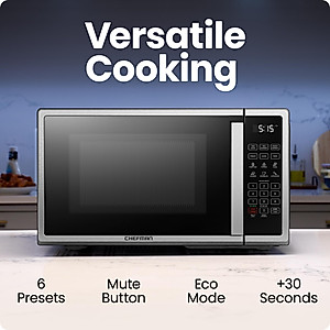 Chefman Countertop Microwave Oven 0.7 Cu. Ft. Digital Stainless Steel Microwave 700 Watts with 6 Auto Menus, 10 Power Levels, Eco Mode, Memory, Mute Function, Child Safety Lock, Easy Clean