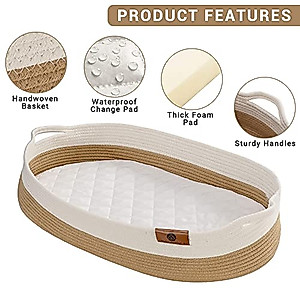 Baby Changing Basket, Moses Diaper Basket w/ foam pad, 2 waterproof covers, blanket, diaper caddy organizer, table/dresser/nursery topper, boho bassinet station woven rope tray, storage (Brown)