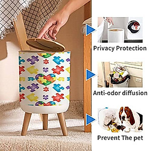 Trash Can with Lid Seamless with Colorful Jigsaw Puzzles and Heart on White Watercolor Wood Small Garbage Bin Waste Bin for Kitchen Bathroom Bedroom Press Cover Wastebasket 7L/1.8 Gallon