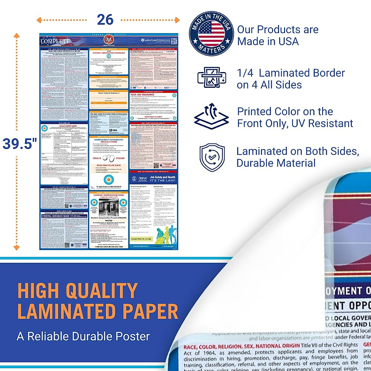 2023 California State & Federal Labor Law Poster - OSHA Workplace Compliant & Required - Current with Mandatory Updates for 2023 - UV Laminated & Waterproof - 25" x 39" (English)