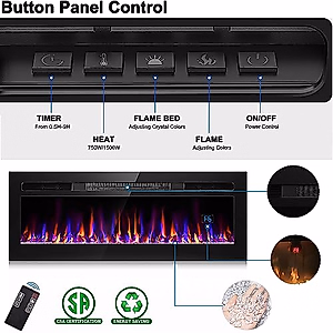 50 Inch Electric Fireplace Recessed and Wall Mounted, Fireplace Heater and Linear Fireplace, Ultra-Thin Electric Fireplace, Low Noise, with Timer, Remote Control, Adjustable 12 Flame Color, 750/1500W