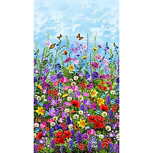24" X 44" Panel Wild Floral Wildflowers Butterflies Poppies Field Spring Cotton Fabric Panel (PANEL-CD2432-MULTI)