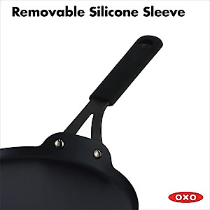 OXO Obsidian Pre-Seasoned Carbon Steel, 10" Crepe and Pancake Griddle Pan with Removable Silicone Handle Holder, Induction, Oven Safe, Black