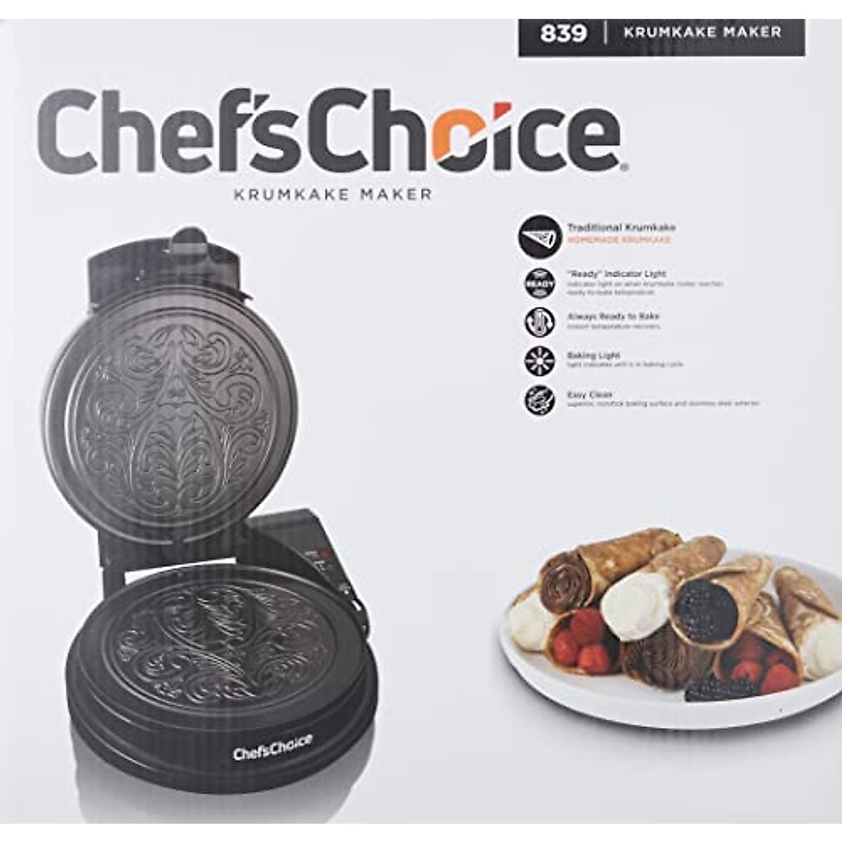Chef'sChoice KrumKake Maker Features Nonstick Surface and Instant Heat Recovery with Temperature Control and Ready Light, Includes Roller, 1050-Watts, Silver