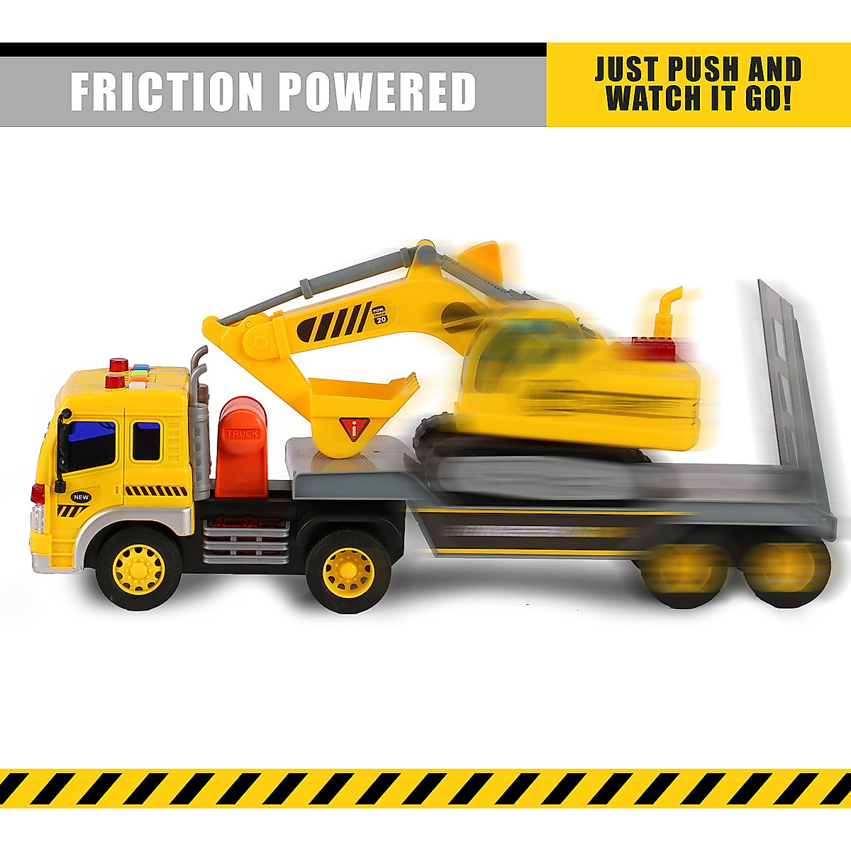 TOYTHRILL Tow Truck with Excavator Toy for Boys 2+ Year Old, Construction Truck Toy with Excavator, Semi Truck with Lights and Sounds, Flatbed Truck Toy Push and Go Construction Vehicle for Kids