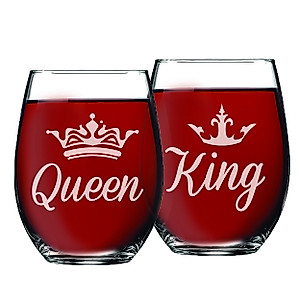 My Personal Memories King and Queen Stemless Wine Glasses Set for Wedding, Anniversary, and Couples