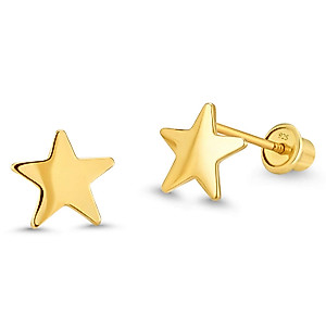 14k Gold Plated Brass Plain Star Screwback Baby Girls Earrings with Sterling Silver Post