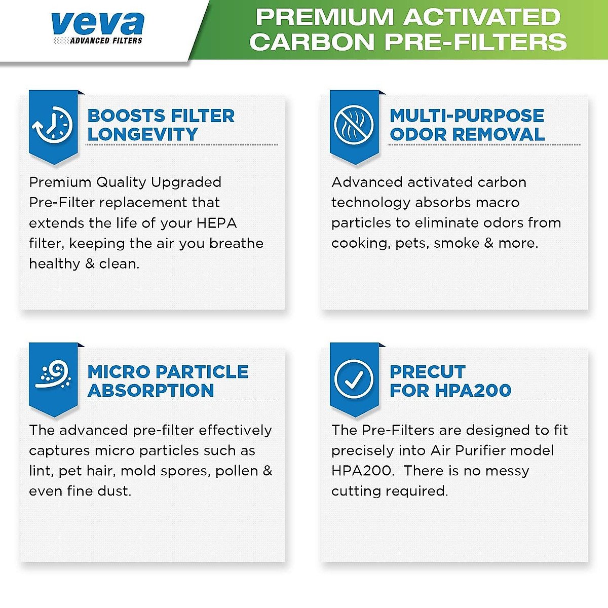 ﻿﻿VEVA Air Purifier Filter Replacements - 6 Pack Precut & Compatible with Honey-well HPA200 Purifiers - Premium Activated Carbon Pre-Filters