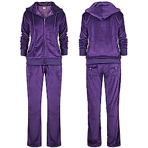 LeeHanTon Women Jogging Suits Sets Velour Outfit Athletic Zip Up Hoodie and Sweatpants Solid Workout 2 Pieces Tracksuit Purple M