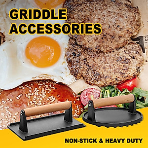 AIKWI Burger Press for Blackstone Griddle, 6.8-inch Round & 8.2" x 4.2" Rectangular Heavy Duty Cast Iron Smash Meat Steak Sandwich Bacon Grill Press with Wood Handle for Barbecue, Nonstick Pan