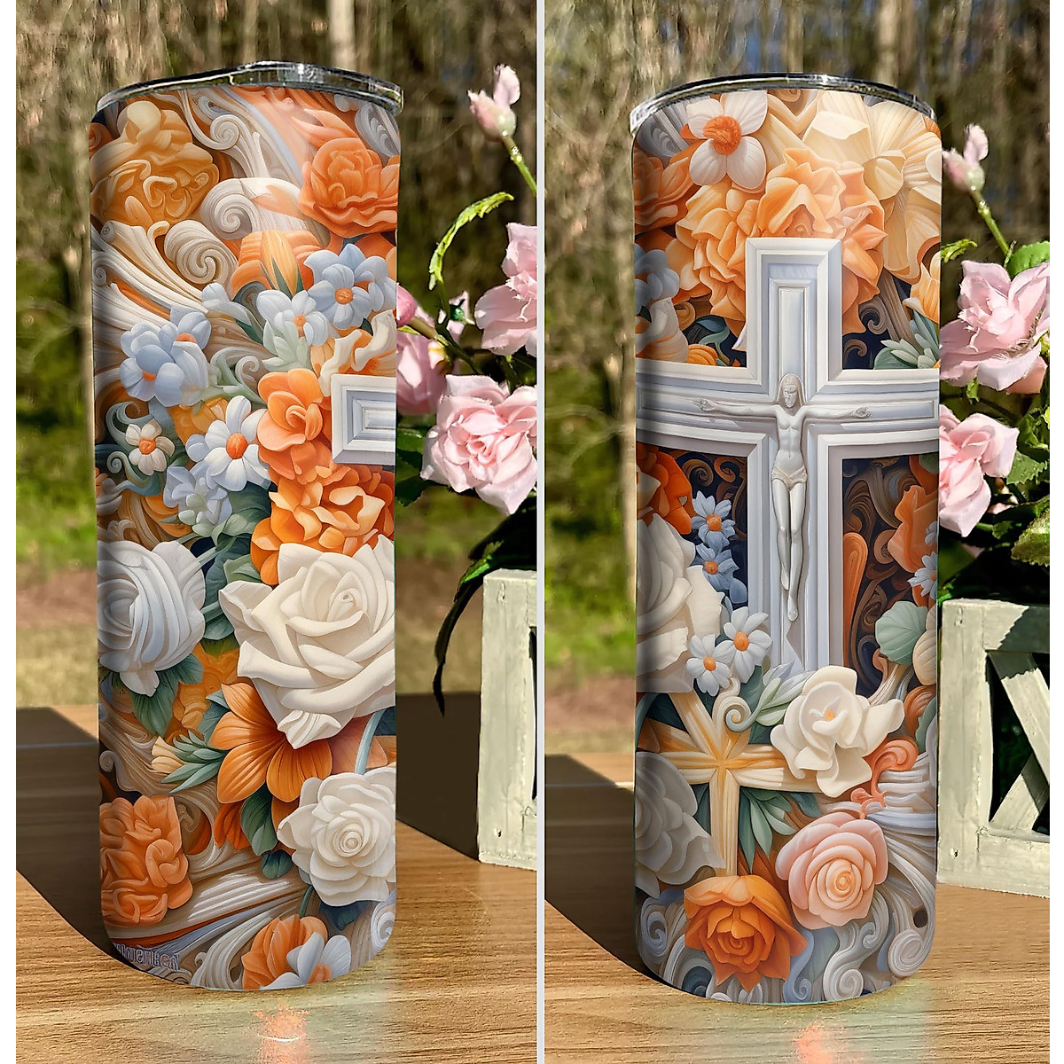 CERMELUS 3D Wrap Christian Jesus Cross 20oz Skinny Tumbler, Stainless Steel Double Wall Insulated Cup With Lid And Straw Multi, Bible Christian Tumbler, Gifts for Women, Mom, Daughter, Friends