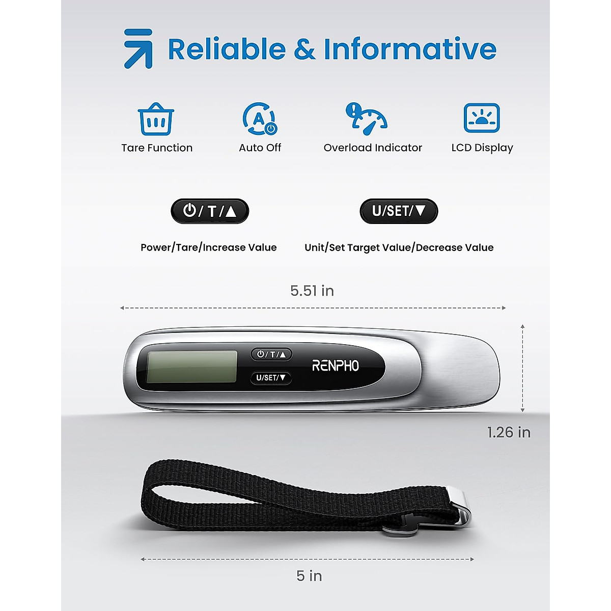 RENPHO Luggage Scale, Suitcase Scale for Travel, Baggage Weight Scale with Backlit, Portable Handheld Scale with Tare Function, Overweight Reminder, Rubber Paint, 110lb/50kg, Battery Included