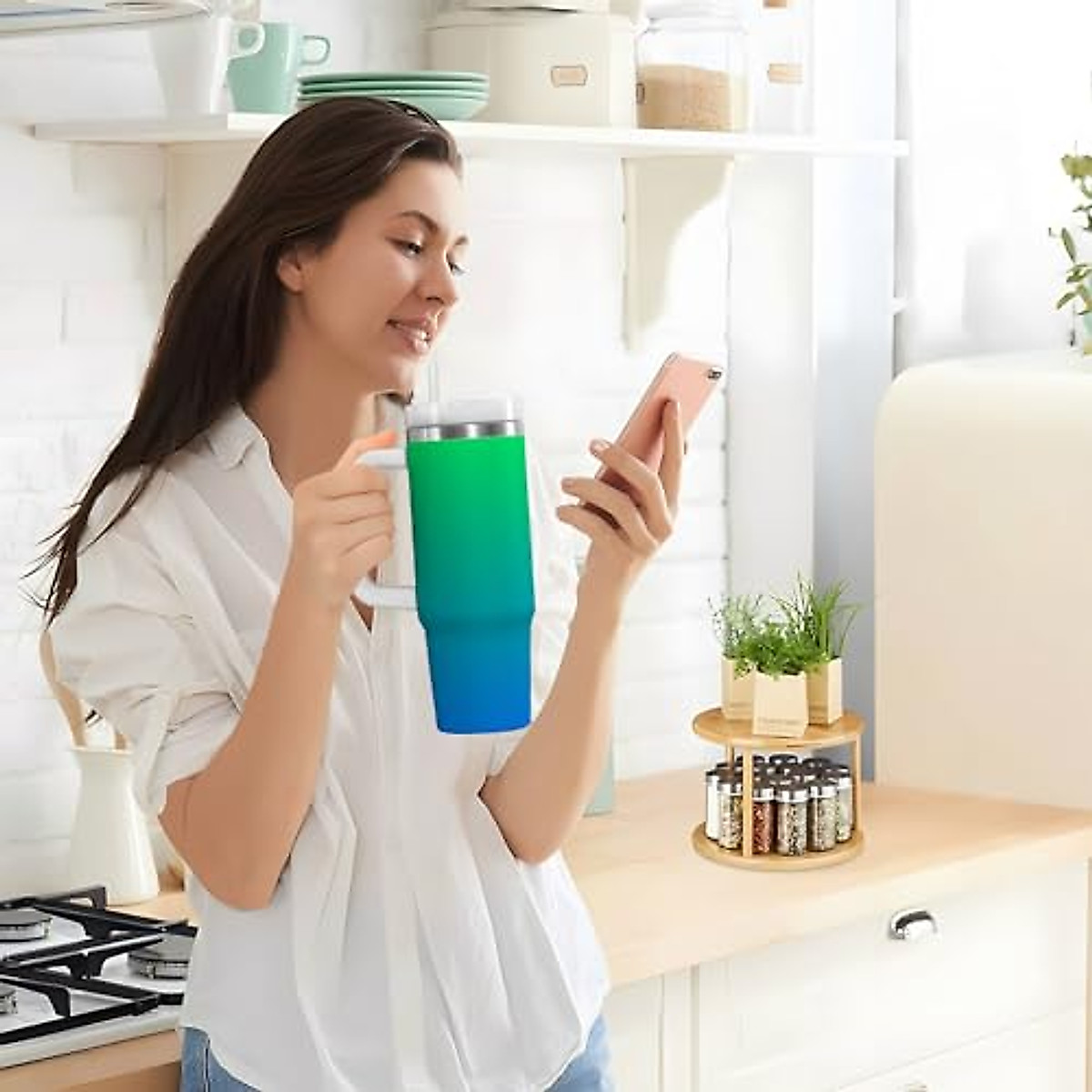 MCHIVER Green Blue Gradient 30 oz Tumbler with Handle and Straw Stainless Steel Vacuum Water Bottle Leak-proof Travel Coffee Mug Insulated Cup for Office Home Car