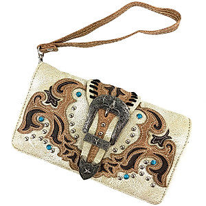 Zelris Western Texas Longhorn Buckle Women Crossbody Wrist Trifold Wallet (Black)