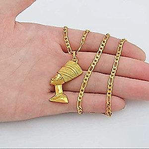 kelistom Egyptian Queen Nefertiti Pendant Necklace for Women | 18K Gold Plated Pendant Necklace | 3mm Figaro Chain Necklace 18/22 inches (22)