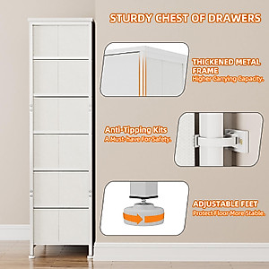 GipGiper Tall Skinny Dresser, Dresser for Bedroom, 6 Drawers Storage Organizer, White Fabric Dresser for Closet, with Sturdy Steel Frame, Metal Handle, Leather Front, Wood Top, Living Room, Nursery